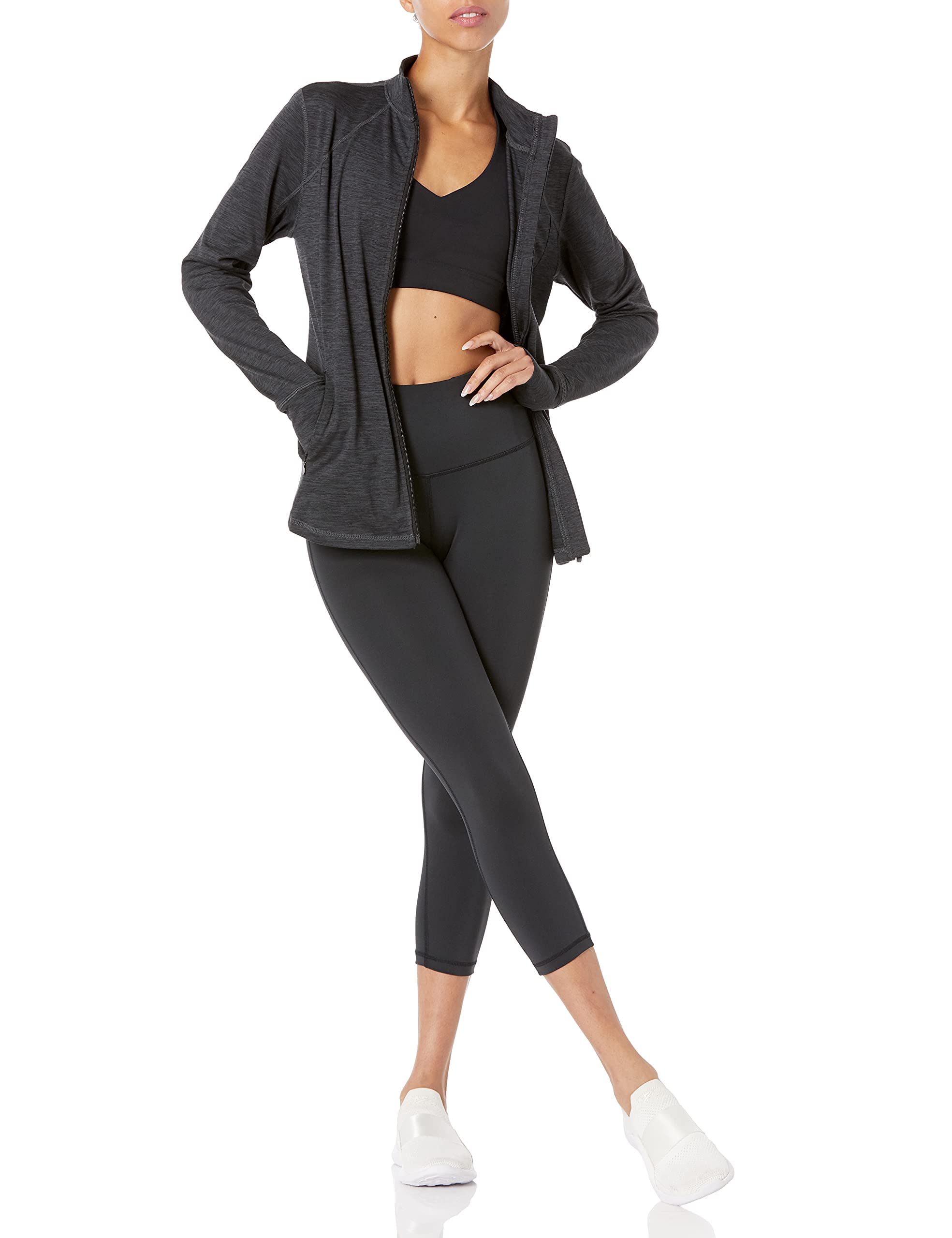 Amazon Essentials Women's Brushed Tech Stretch Full-Zip Jacket - Discontinued Colors, Black Space Dye, Medium