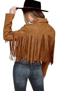 prettygarden women's fringe faux suede leather jackets 2024 fashion tassel motorcycle cropped coats (brown yellow,large)