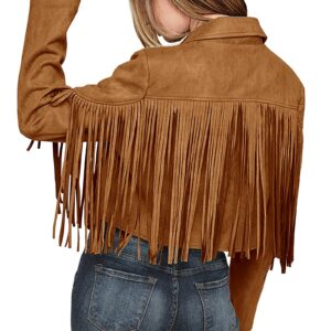 PRETTYGARDEN Women's Fringe Faux Suede Leather Jackets 2024 Fashion Tassel Motorcycle Cropped Coats (Brown Yellow,Large)