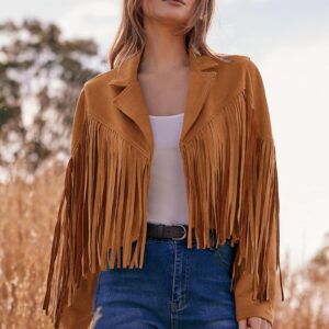 PRETTYGARDEN Women's Fringe Faux Suede Leather Jackets 2024 Fashion Tassel Motorcycle Cropped Coats (Brown Yellow,Large)