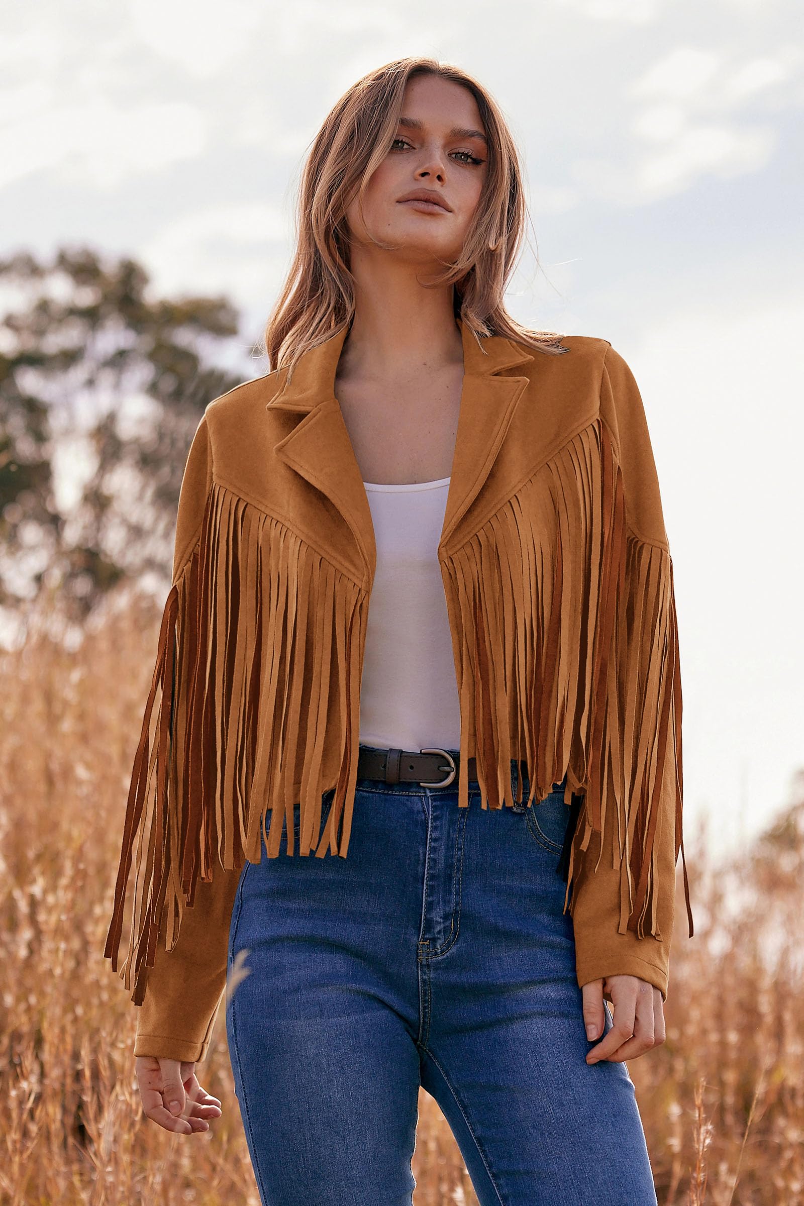 PRETTYGARDEN Women's Fringe Faux Suede Leather Jackets 2024 Fashion Tassel Motorcycle Cropped Coats (Brown Yellow,Large)