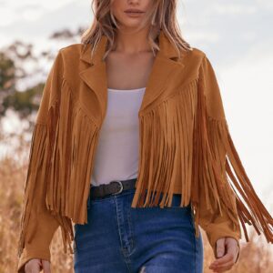 PRETTYGARDEN Women's Fringe Faux Suede Leather Jackets 2024 Fashion Tassel Motorcycle Cropped Coats (Brown Yellow,Large)