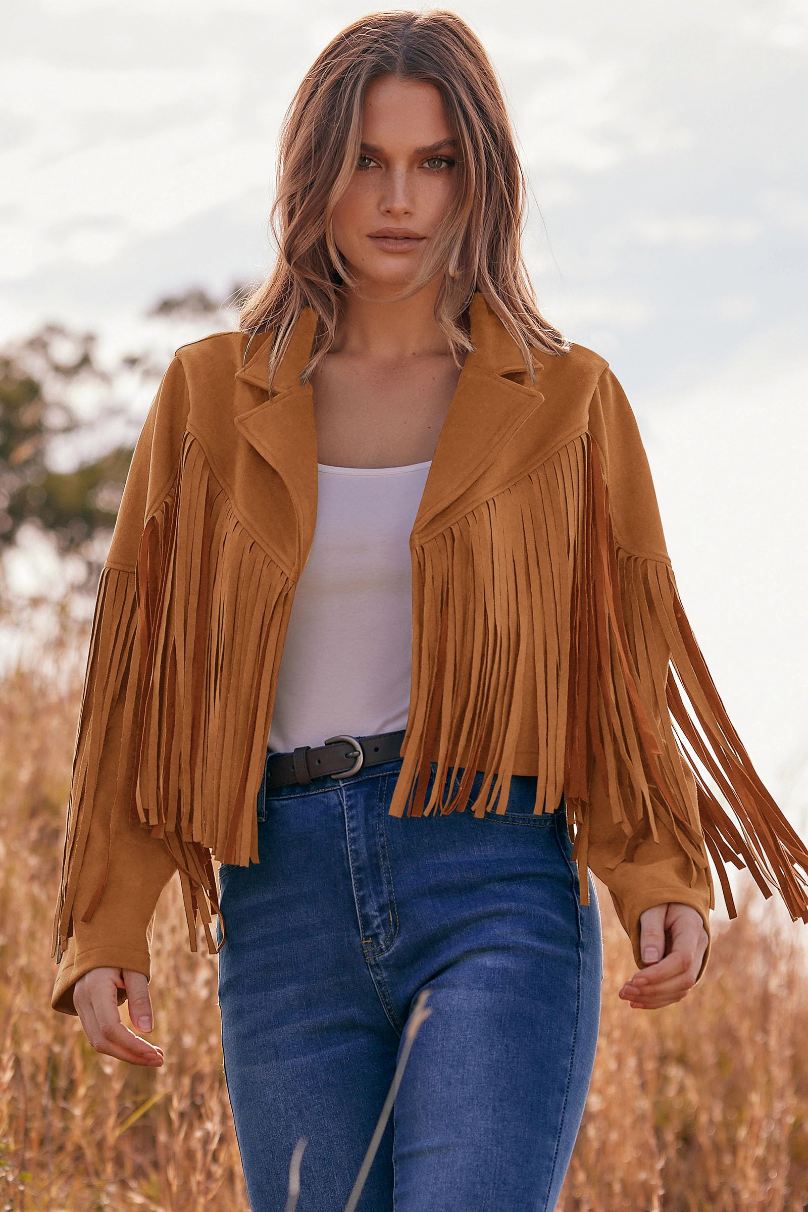 PRETTYGARDEN Women's Fringe Faux Suede Leather Jackets 2024 Fashion Tassel Motorcycle Cropped Coats (Brown Yellow,Large)