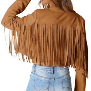 PRETTYGARDEN Women's Fringe Faux Suede Leather Jackets 2024 Fashion Tassel Motorcycle Cropped Coats (Brown Yellow,Large)