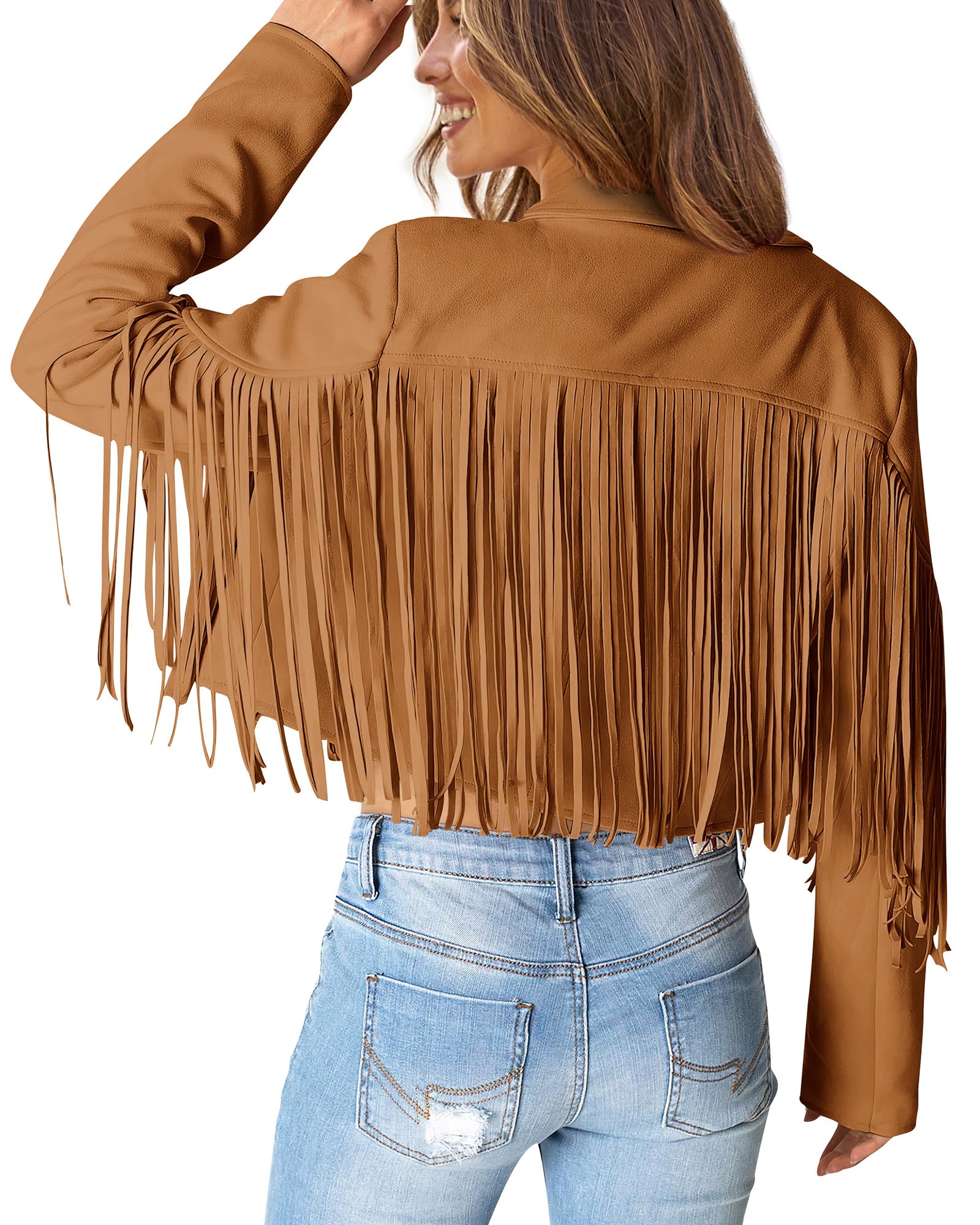 PRETTYGARDEN Women's Fringe Faux Suede Leather Jackets 2024 Fashion Tassel Motorcycle Cropped Coats (Brown Yellow,Large)