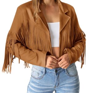 PRETTYGARDEN Women's Fringe Faux Suede Leather Jackets 2024 Fashion Tassel Motorcycle Cropped Coats (Brown Yellow,Large)