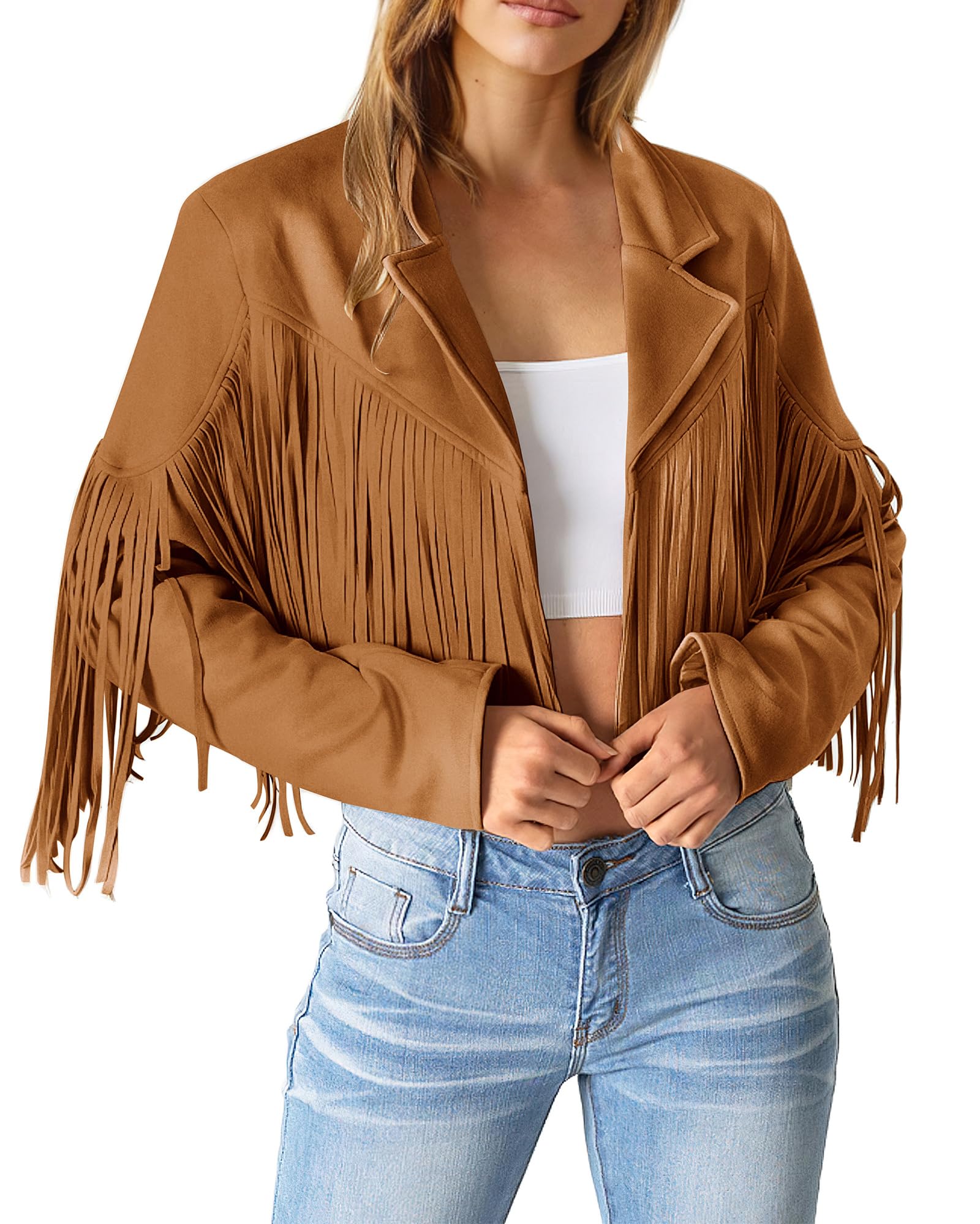 PRETTYGARDEN Women's Fringe Faux Suede Leather Jackets 2024 Fashion Tassel Motorcycle Cropped Coats (Brown Yellow,Large)