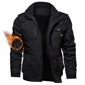 TACVASEN Men's Winter Jacket Cotton Military Jackets Fleece Lined Thick Work Coats Warm Cargo Jackets with Hooded Black XL