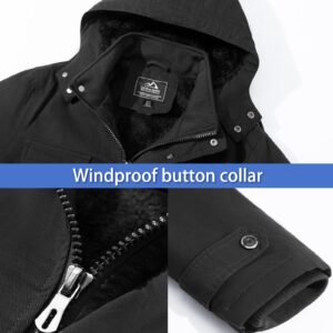 TACVASEN Men's Winter Jacket Cotton Military Jackets Fleece Lined Thick Work Coats Warm Cargo Jackets with Hooded Black XL