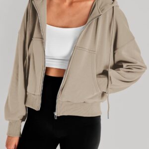 Trendy Queen Hoodies for Women Full Zip Up Cropped Sweatshirts Jackets Casual Comfy Gym Tops Fall Outfits Winter Clothes 2024 Khaki