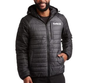 hurley men's jacket - balsam lightweight packable puffer coat - weather resistant outerwear windbreaker coat for men (m-xl), size medium, grey black