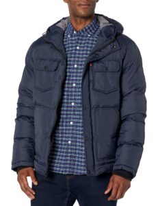 levi's men's performance hooded puffer trucker jacket (regular & big & tall sizes), navy solid, m