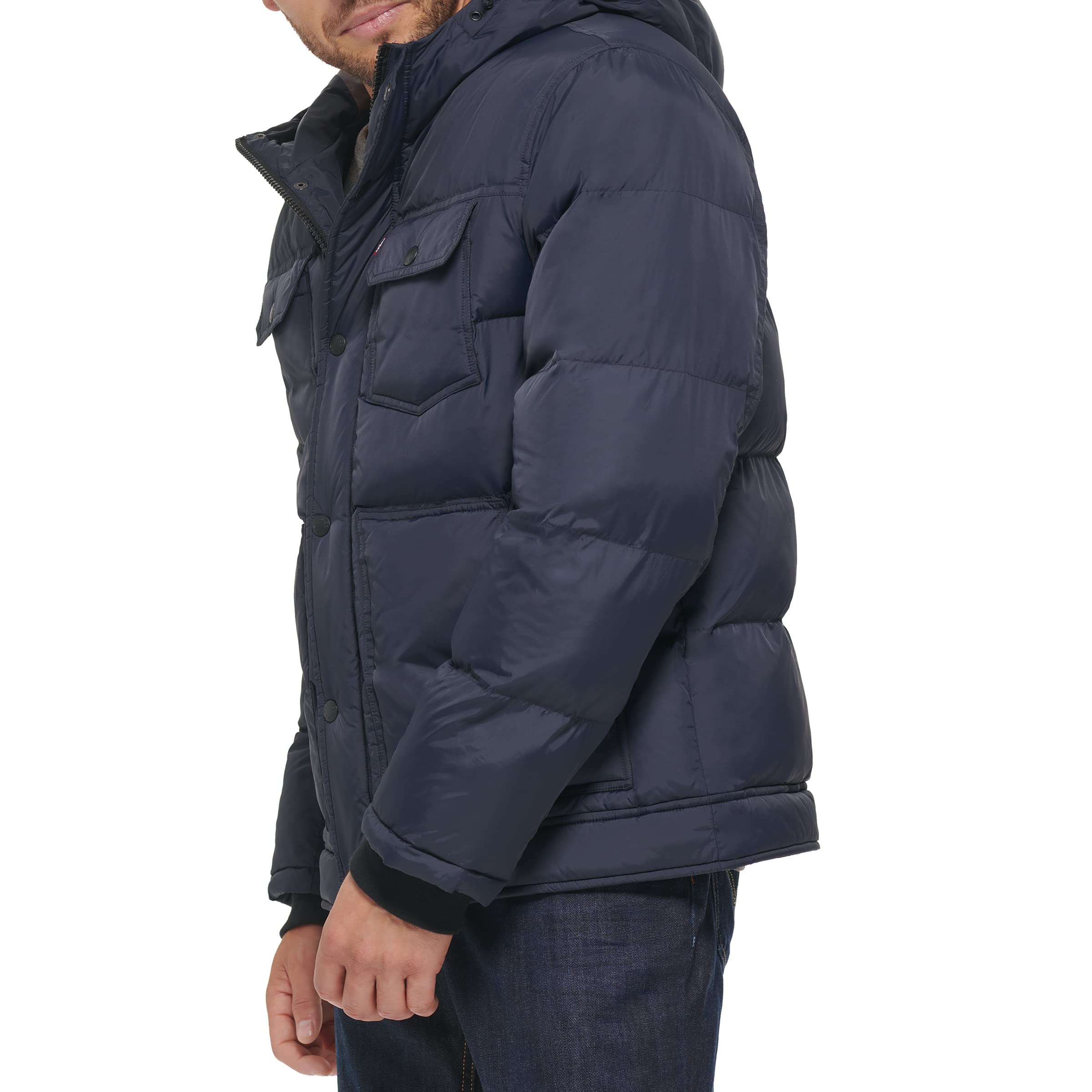 Levi's Men's Performance Hooded Puffer Trucker Jacket (Regular & Big & Tall Sizes), Navy Solid, M