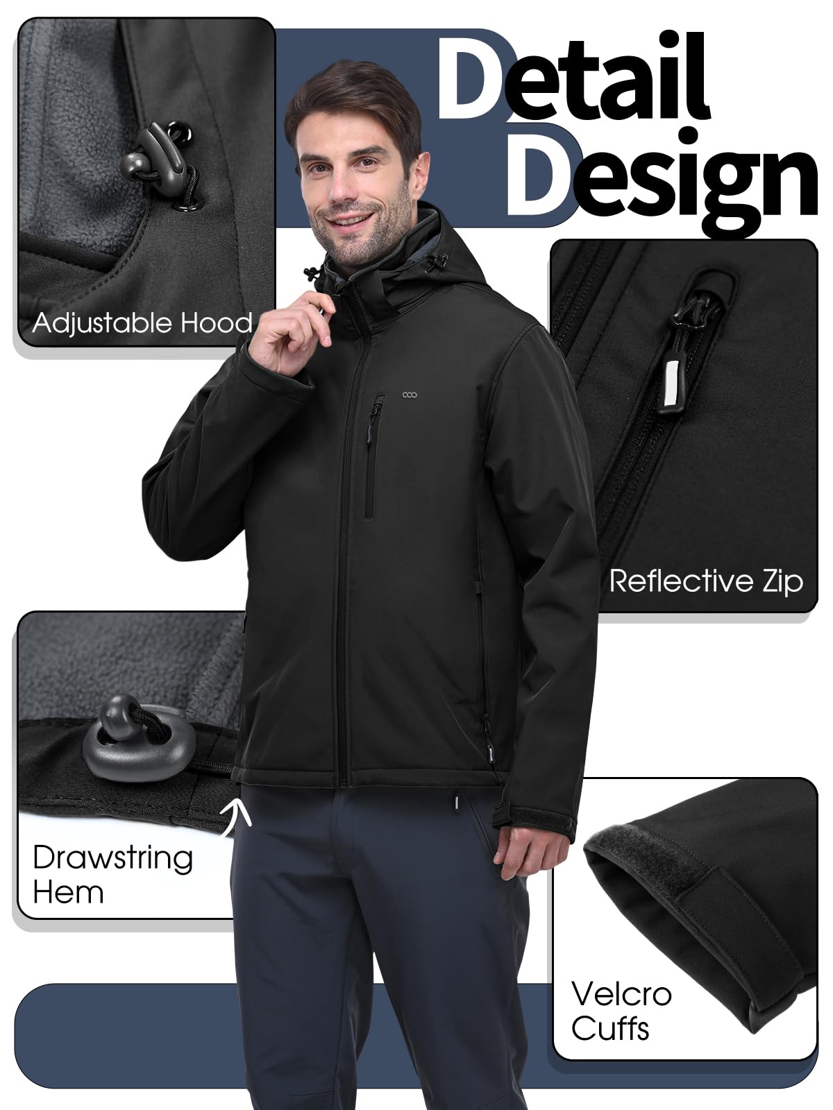 33,000ft Men's Softshell Jacket with Hood Fleece Lined Windbreaker Lightweight Waterproof Jackets for Hiking