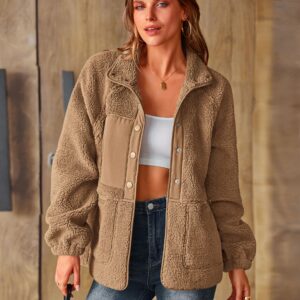 PRETTYGARDEN Women 2024 Fall Winter Fleece Jacket Long Sleeve Casual Button Fuzzy Sherpa Cropped Coats Outerwear with Pockets(Camel,Small)