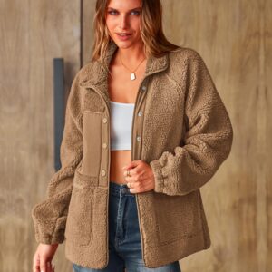 PRETTYGARDEN Women 2024 Fall Winter Fleece Jacket Long Sleeve Casual Button Fuzzy Sherpa Cropped Coats Outerwear with Pockets(Camel,Small)