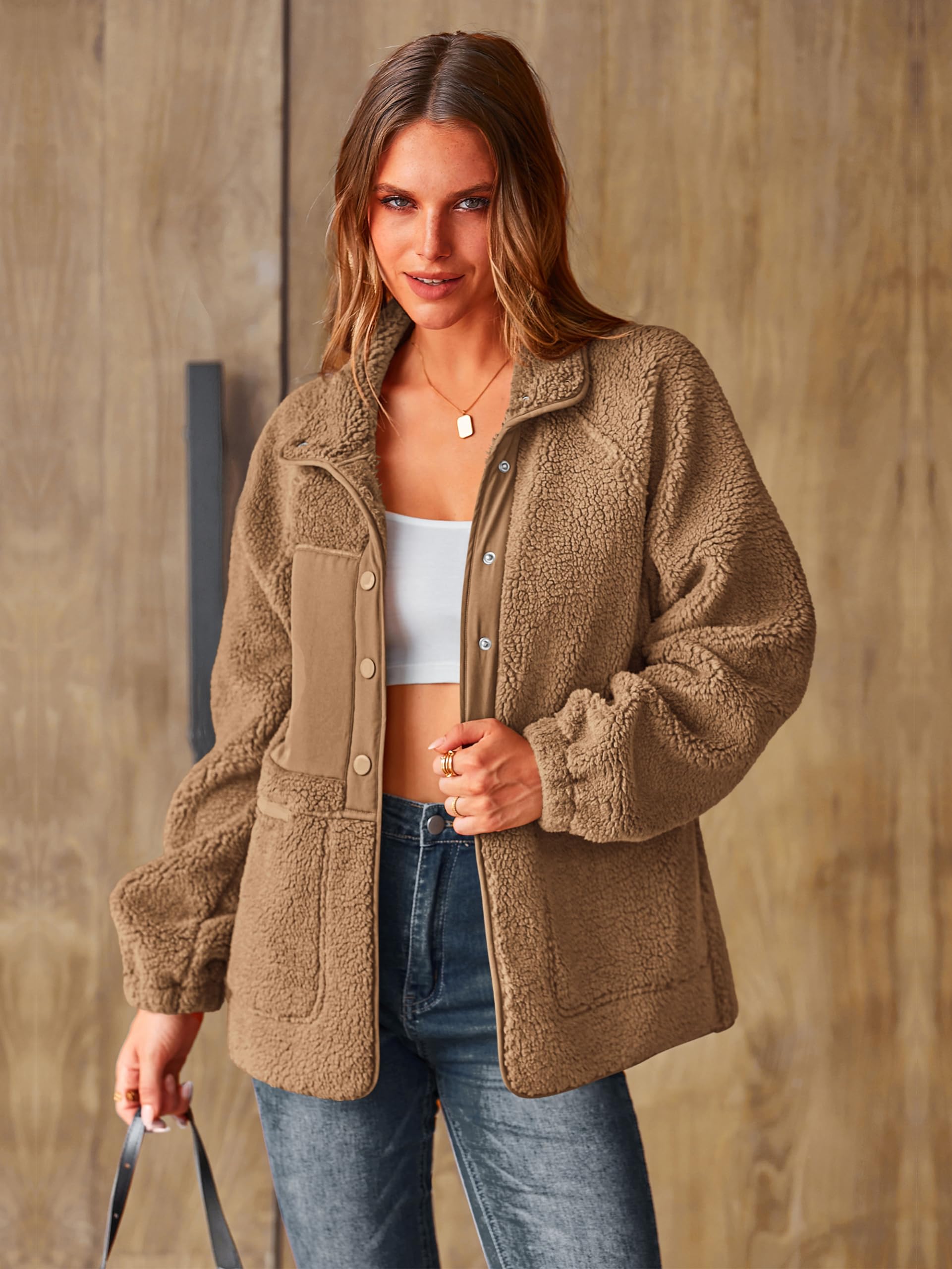 PRETTYGARDEN Women 2024 Fall Winter Fleece Jacket Long Sleeve Casual Button Fuzzy Sherpa Cropped Coats Outerwear with Pockets(Camel,Small)