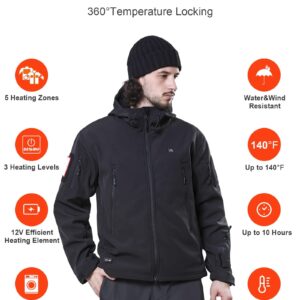 DEWBU Heated Jacket for Men with 12V Battery Pack Winter Outdoor Soft Shell Electric Heating Coat, Men's Black, L