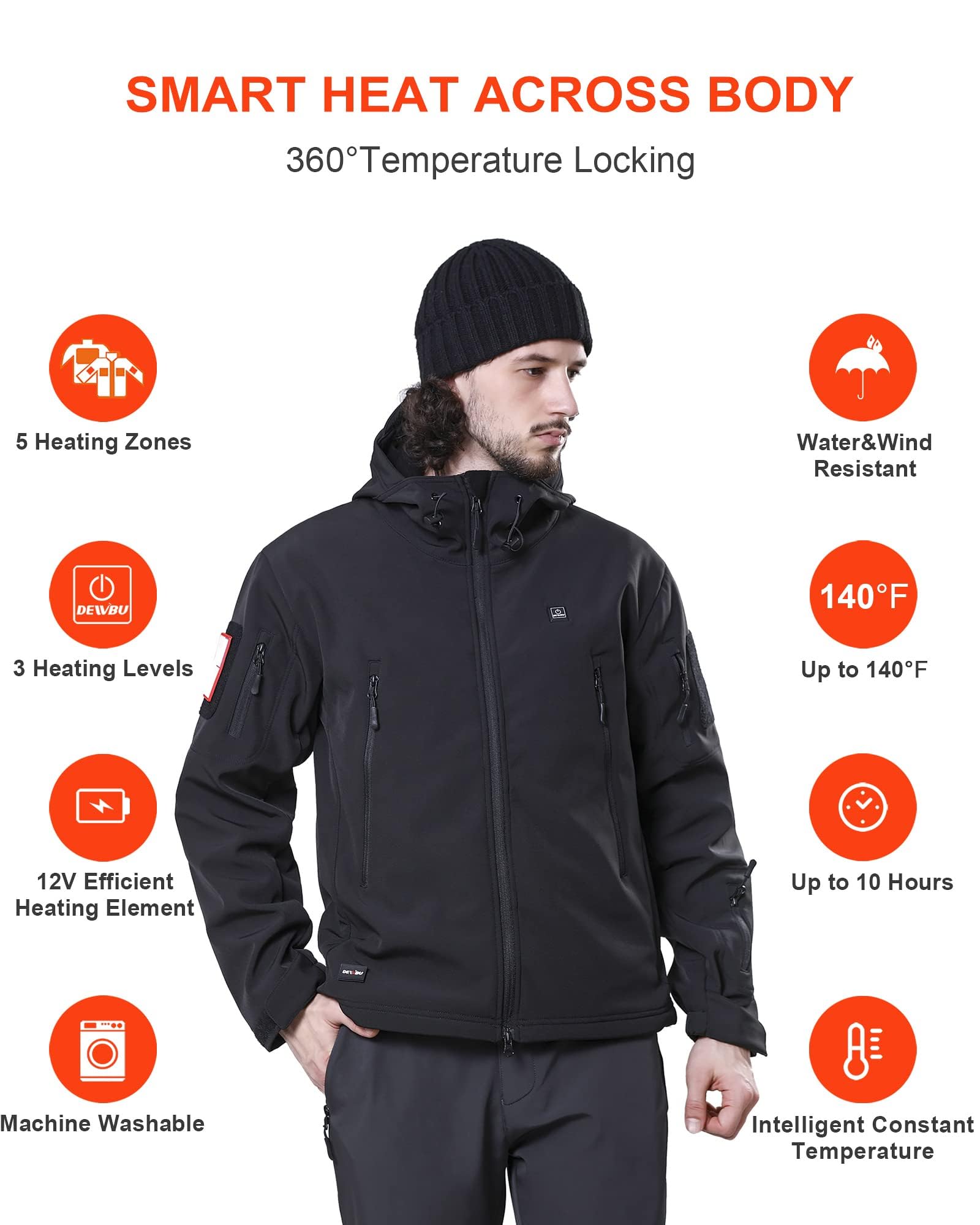 DEWBU Heated Jacket for Men with 12V Battery Pack Winter Outdoor Soft Shell Electric Heating Coat, Men's Black, L