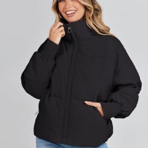 MEROKEETY Women's 2024 Winter Long Sleeve Zip Puffer Jacket Pockets Baggy Short Down Coats, Black, S