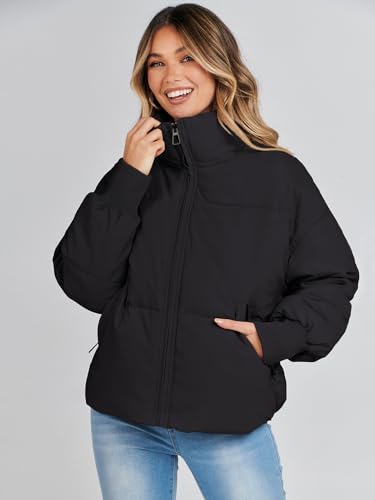 MEROKEETY Women's 2024 Winter Long Sleeve Zip Puffer Jacket Pockets Baggy Short Down Coats, Black, S