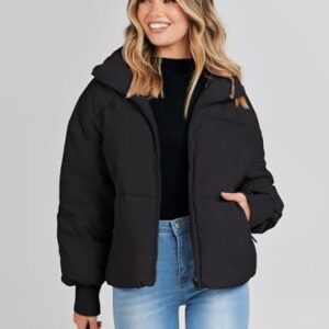 MEROKEETY Women's 2024 Winter Long Sleeve Zip Puffer Jacket Pockets Baggy Short Down Coats, Black, S