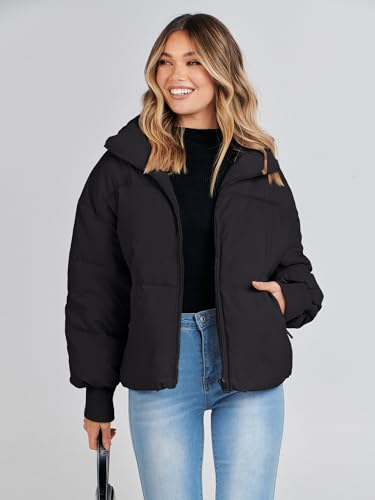 MEROKEETY Women's 2024 Winter Long Sleeve Zip Puffer Jacket Pockets Baggy Short Down Coats, Black, S