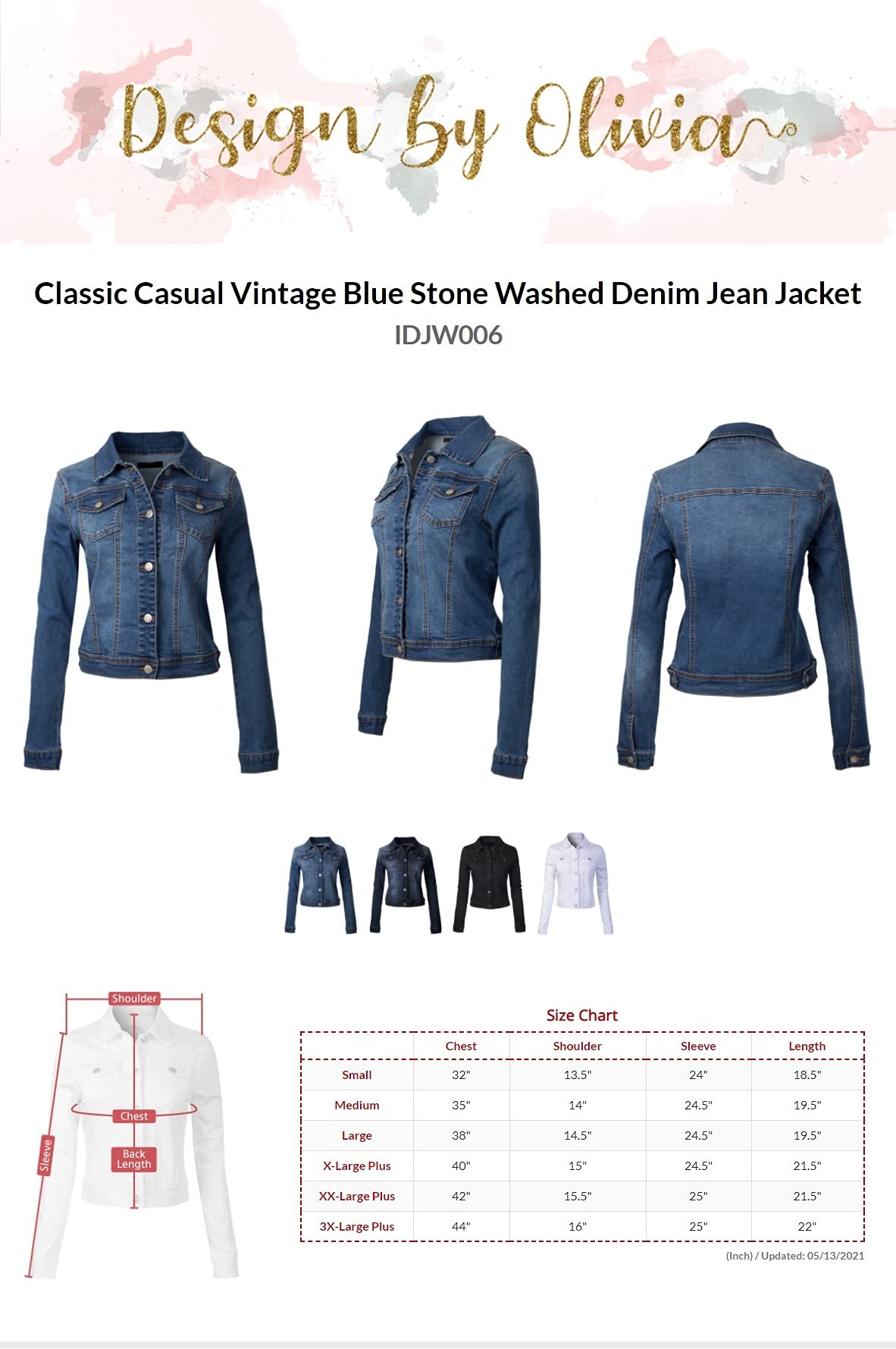 Design by Olivia Women's Classic/Destroyed Vintage Washed Long Sleeve Denim Jean Jacket Medium Denim L