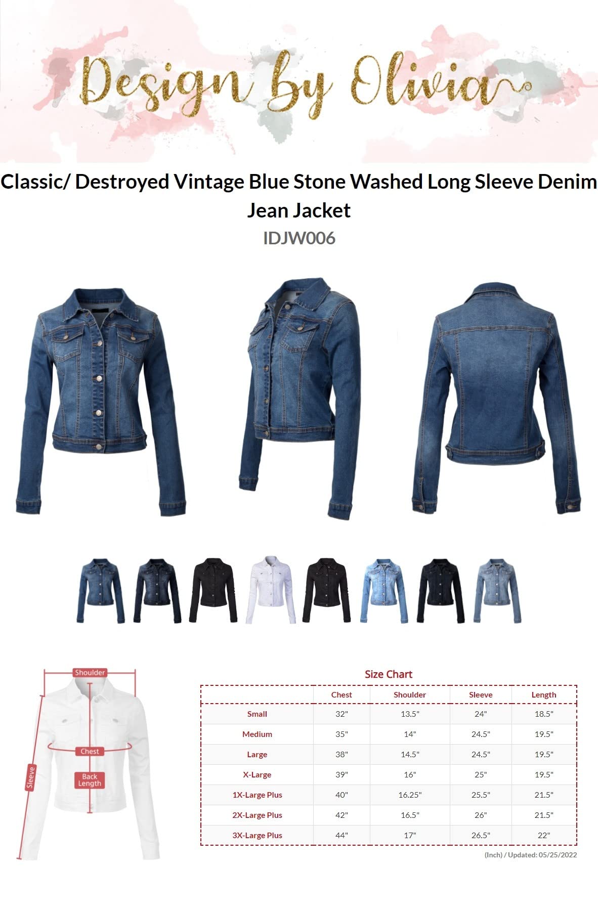 Design by Olivia Women's Classic/Destroyed Vintage Washed Long Sleeve Denim Jean Jacket Medium Denim L