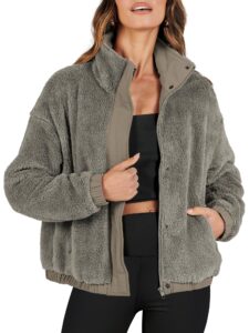 anrabess womens fleece jacket casual long sleeve cropped sherpa button down fuzzy warm coats fall outwear with pockets grey medium