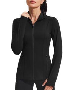 pinspark workout jackets for women athletic running gym yoga jacket lightweight full zip slim fit sports tops thumb holes pockets, black, small