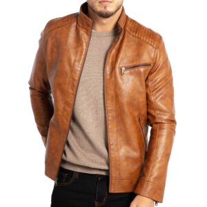 wulful men's stand collar leather jacket motorcycle lightweight faux leather outwear