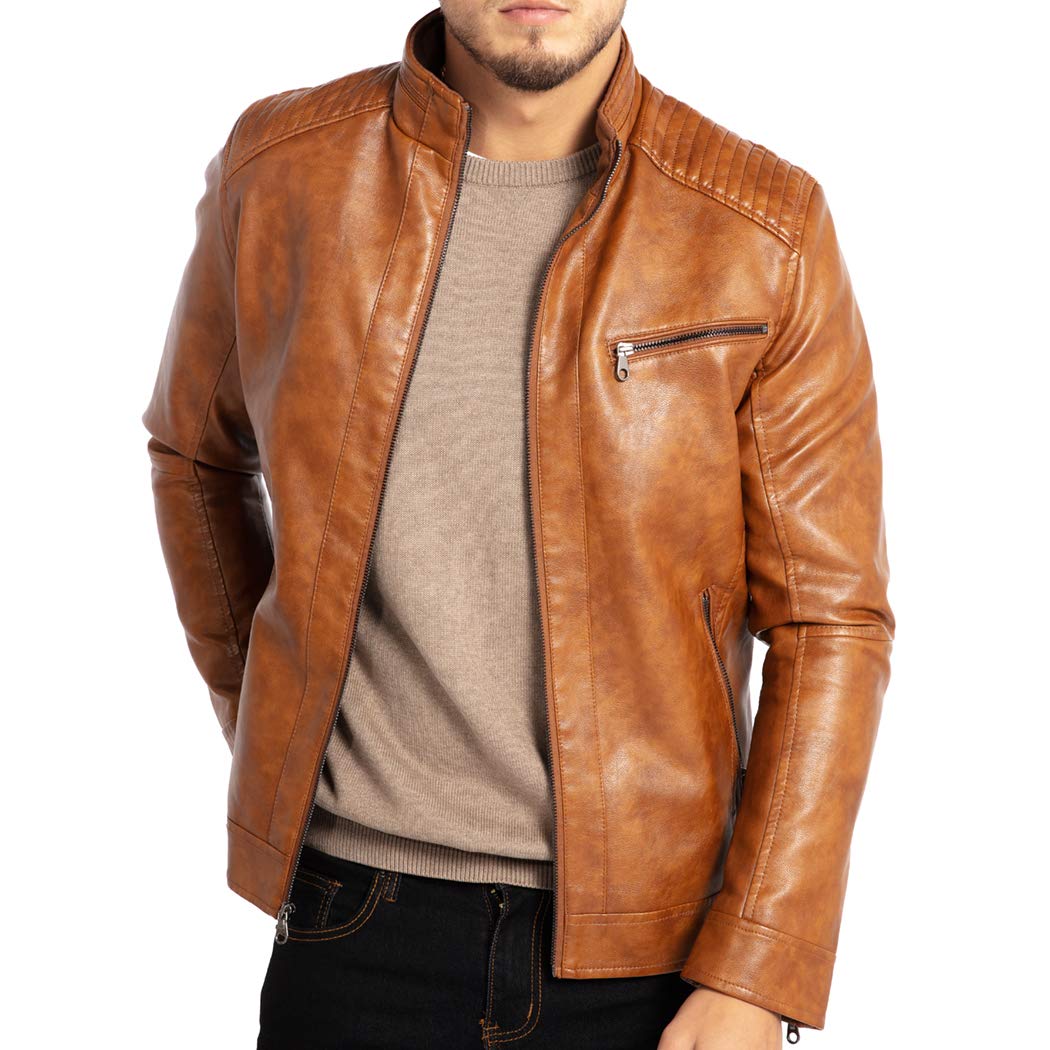 WULFUL Men's Stand Collar Leather Jacket Motorcycle Lightweight Faux Leather Outwear