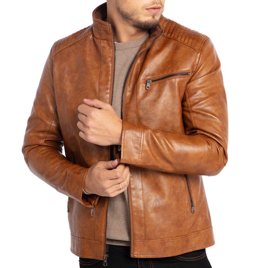 WULFUL Men's Stand Collar Leather Jacket Motorcycle Lightweight Faux Leather Outwear