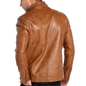 WULFUL Men's Stand Collar Leather Jacket Motorcycle Lightweight Faux Leather Outwear