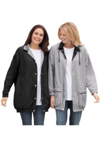 woman within women's plus size fleece nylon reversible jacket - 3x, black heather grey