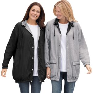 Woman Within Women's Plus Size Fleece Nylon Reversible Jacket - 3X, Black Heather Grey