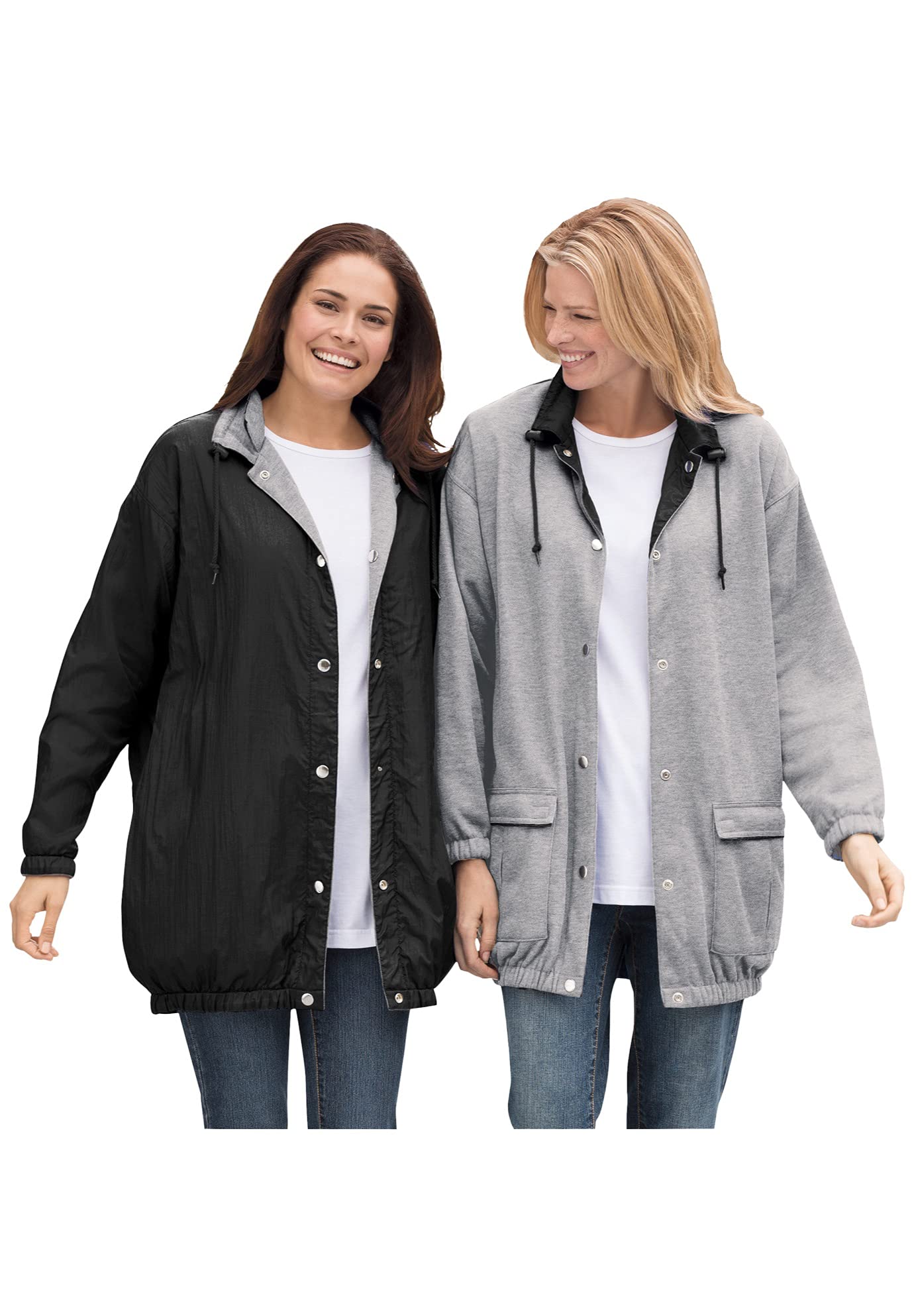 Woman Within Women's Plus Size Fleece Nylon Reversible Jacket - 3X, Black Heather Grey