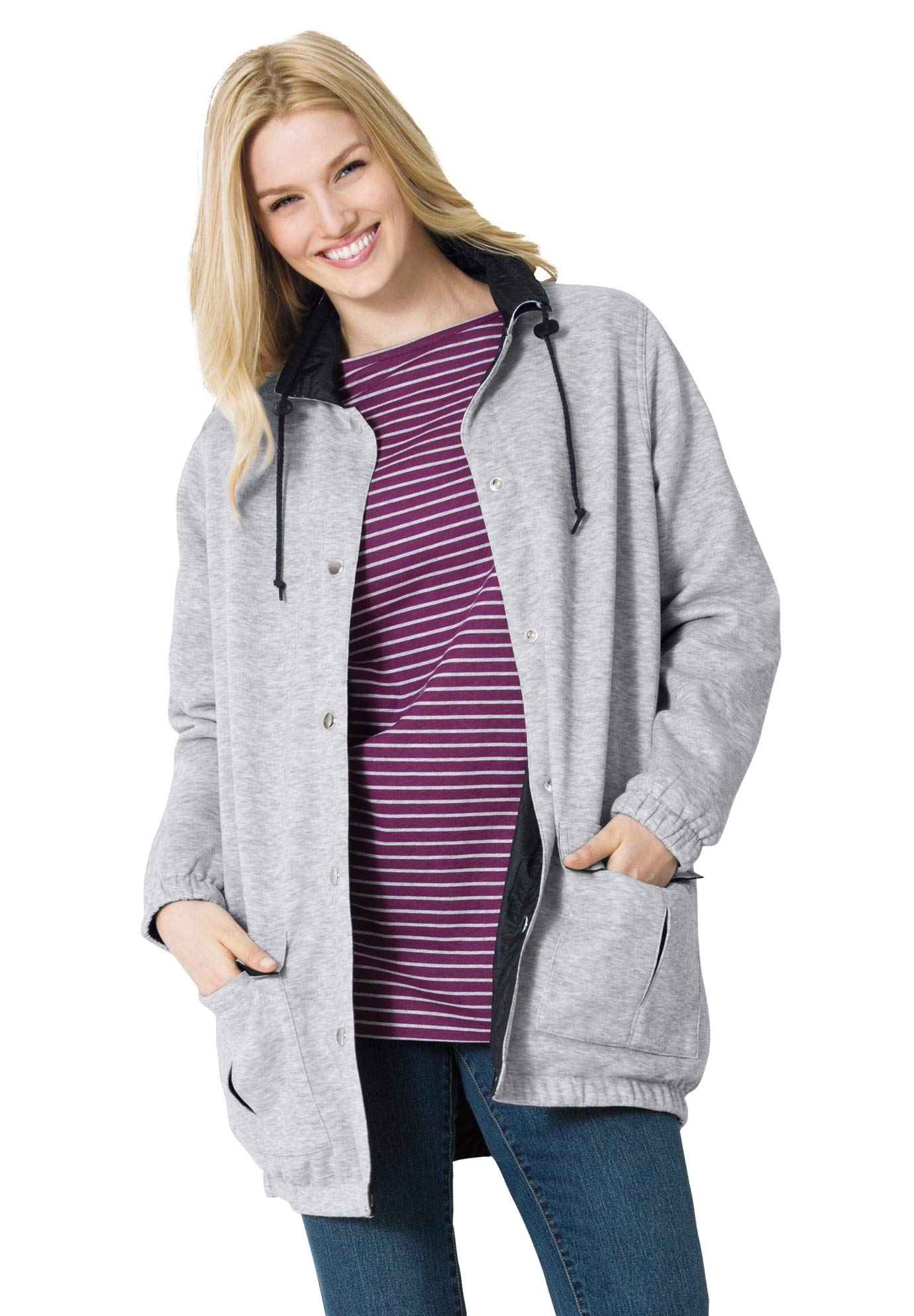 Woman Within Women's Plus Size Fleece Nylon Reversible Jacket - 3X, Black Heather Grey