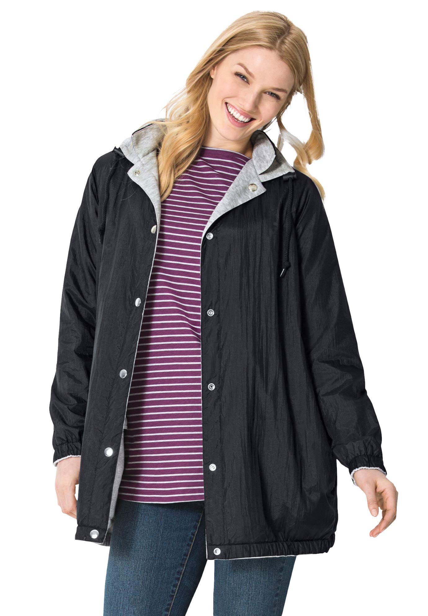 Woman Within Women's Plus Size Fleece Nylon Reversible Jacket - 3X, Black Heather Grey