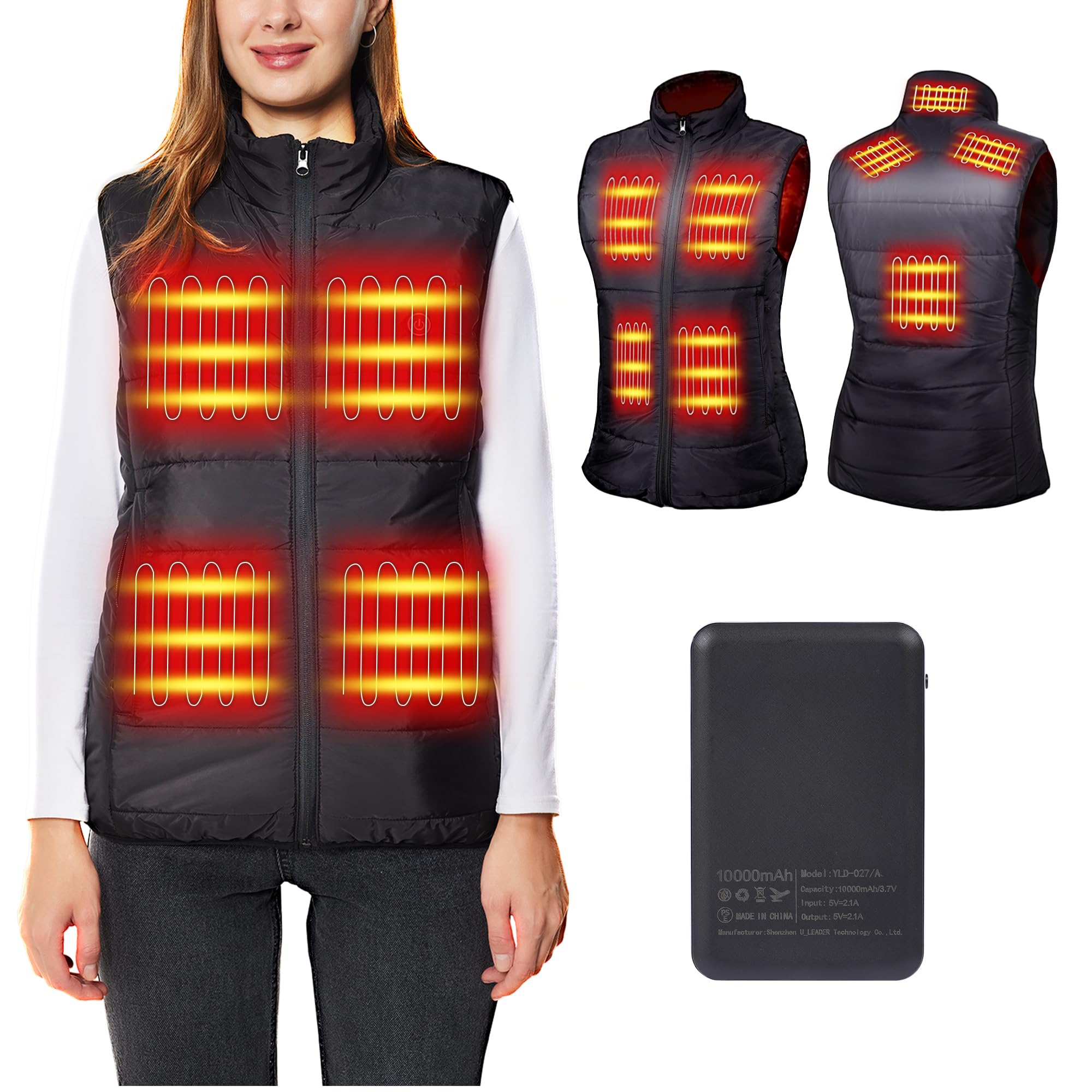 KSFJZF Women Heated Vest with 10000mAh Power Bank - Stand Collar Sleeveless Jacket Winter Coat Heating Vest for Women, 8 Heating Zones, 3 Heating Temperature, 2.5h Auto Shut-off (S)