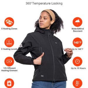 DEWBU Heated Jacket for Women with 12V Battery Pack Winter Outdoor Soft Shell Electric Heating Coat, Women's Black, XL