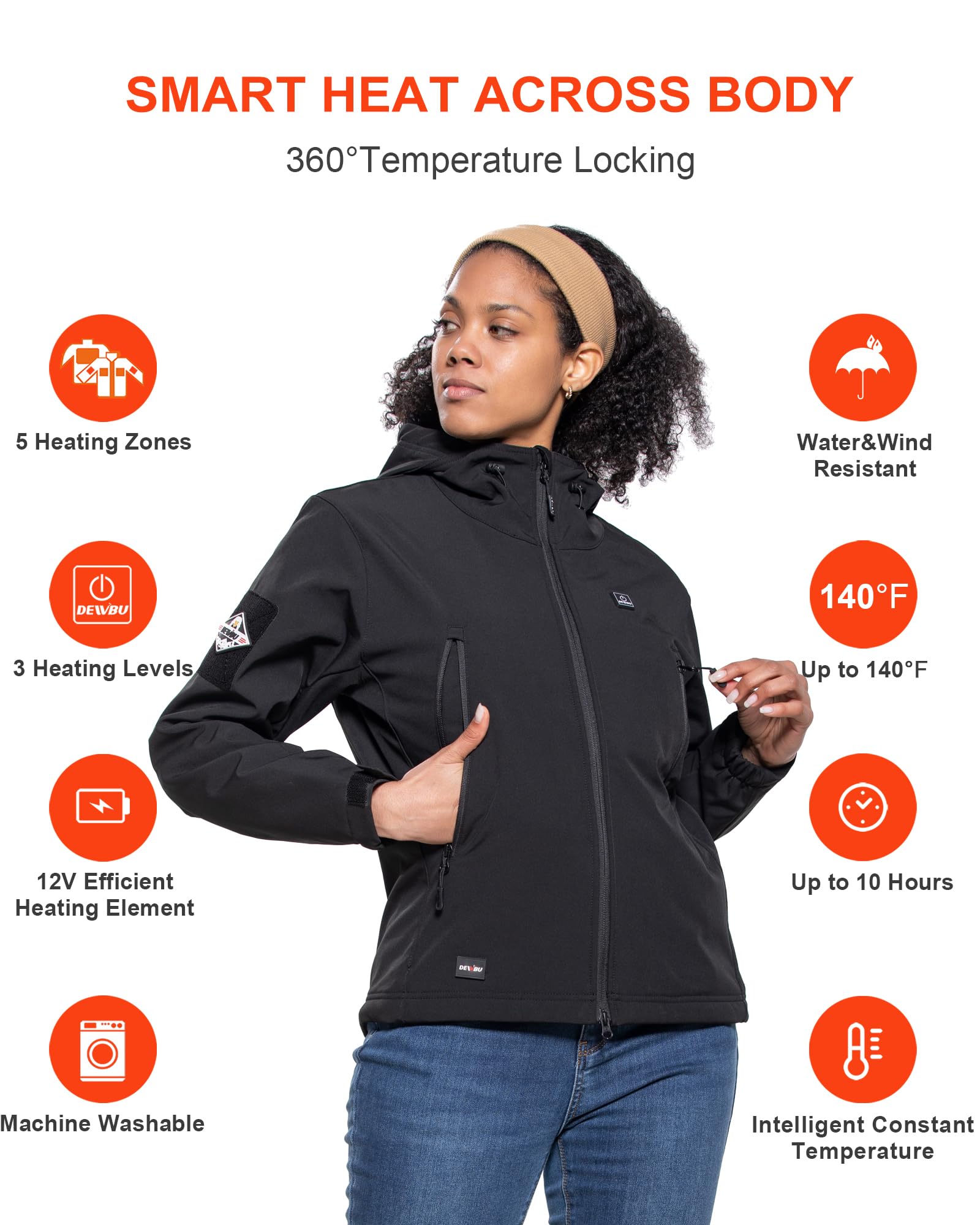 DEWBU Heated Jacket for Women with 12V Battery Pack Winter Outdoor Soft Shell Electric Heating Coat, Women's Black, XL