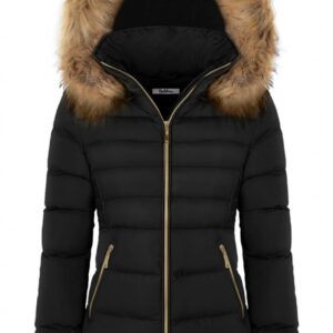 BodiLove Women's Fur Hooded Utility Jacket with Zipper and Fannel Lining Black M