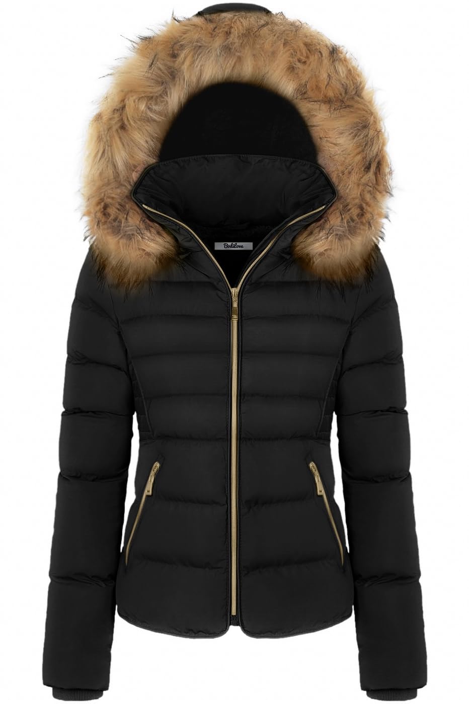 BodiLove Women's Fur Hooded Utility Jacket with Zipper and Fannel Lining Black M