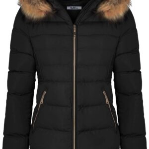 BodiLove Women's Fur Hooded Utility Jacket with Zipper and Fannel Lining Black M