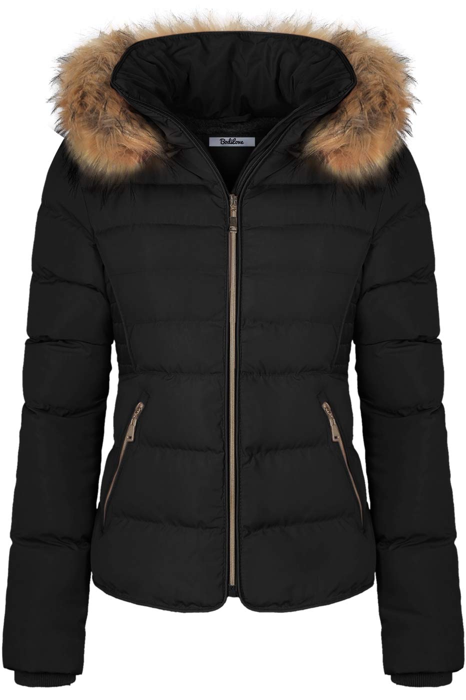 BodiLove Women's Fur Hooded Utility Jacket with Zipper and Fannel Lining Black M