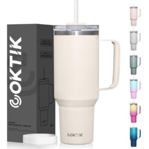 coktik 40 oz tumbler with handle and straw lid, 2-in-1 lid (straw/flip), vacuum insulated travel mug stainless steel tumbler for hot and cold beverages,easy to clean (beige)