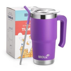 mollcity insulated tumbler with handle 16 oz stainless steel double wall vacuum tumbler travel water cup with lid and straw, bpa free (purple)