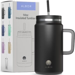 albor 50 oz tumbler with lid and straw, leak proof durable stainless steel insulated tumbler with handle, spill proof water bottles with straw (black)